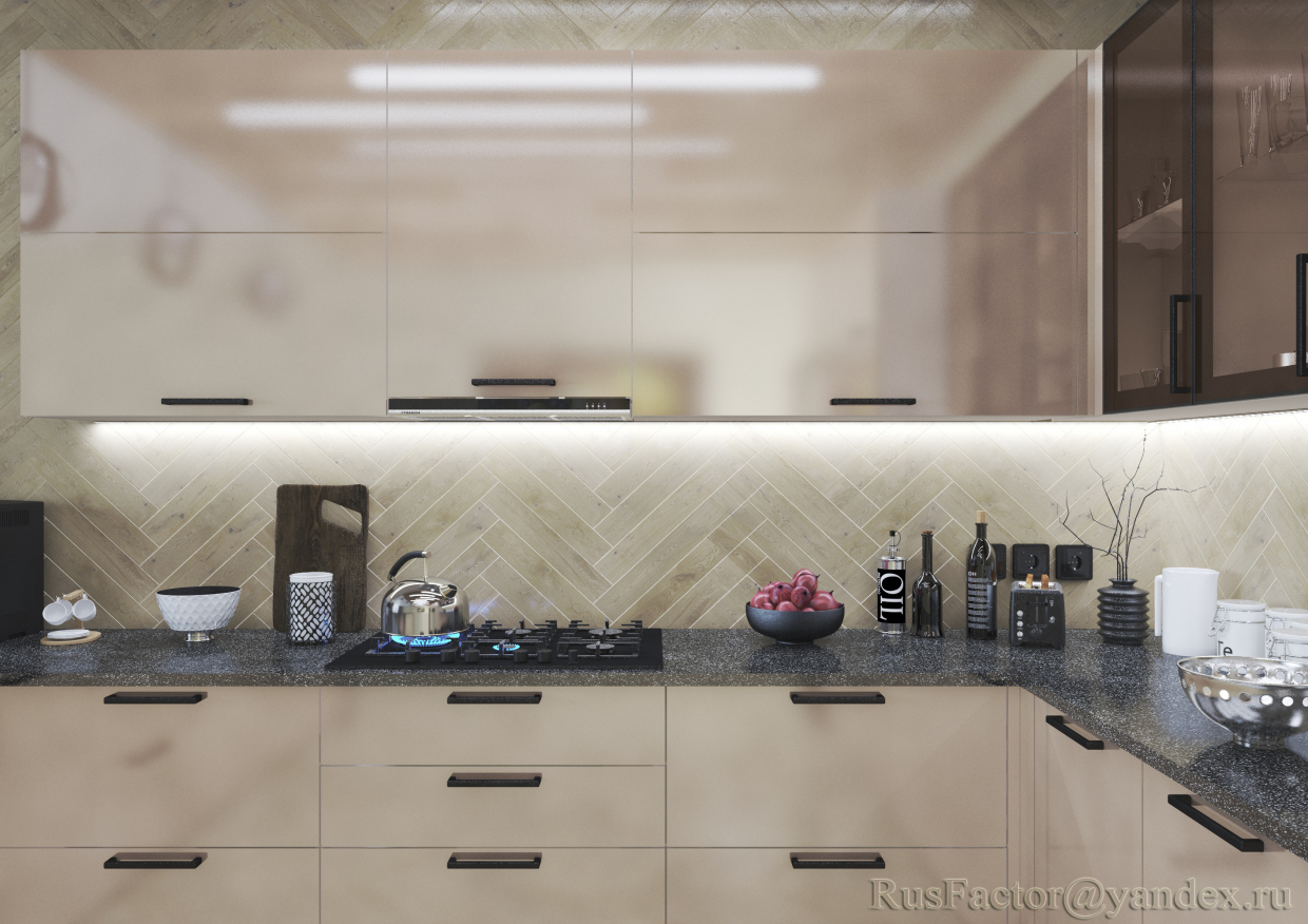3d visualization Large modern U-shaped kitchen (day and evening ...