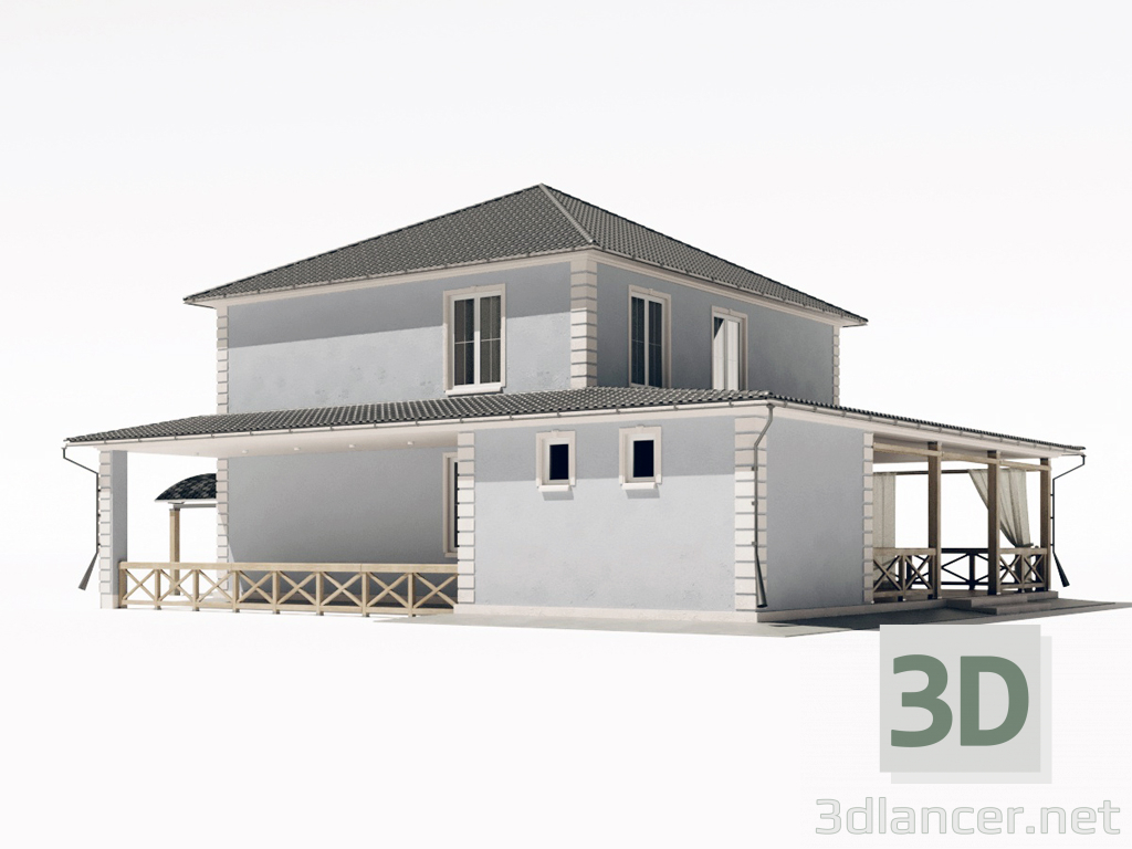3d model Two-storey residential building with a large terrace | 30324 ...
