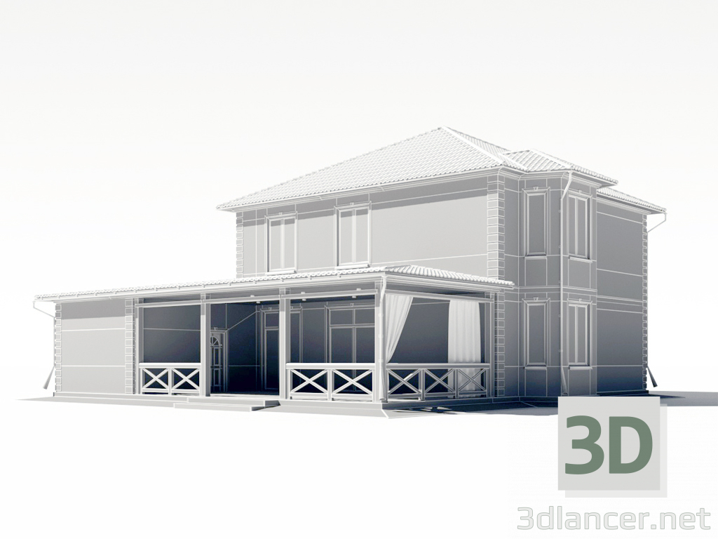 3d model Two-storey residential building with a large terrace | 30324 ...