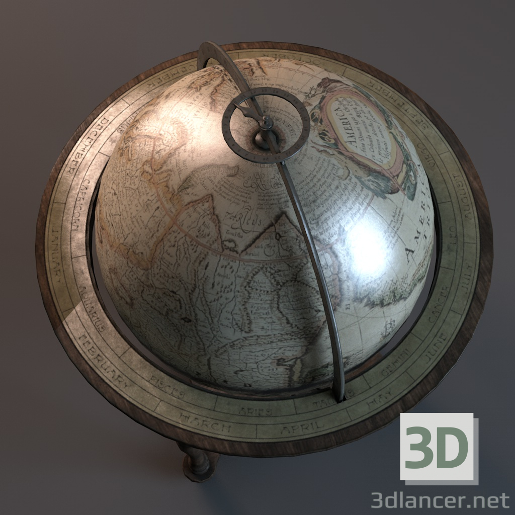 3d model Vintage world globe on wooden stand pbr Low-poly 3D model ...