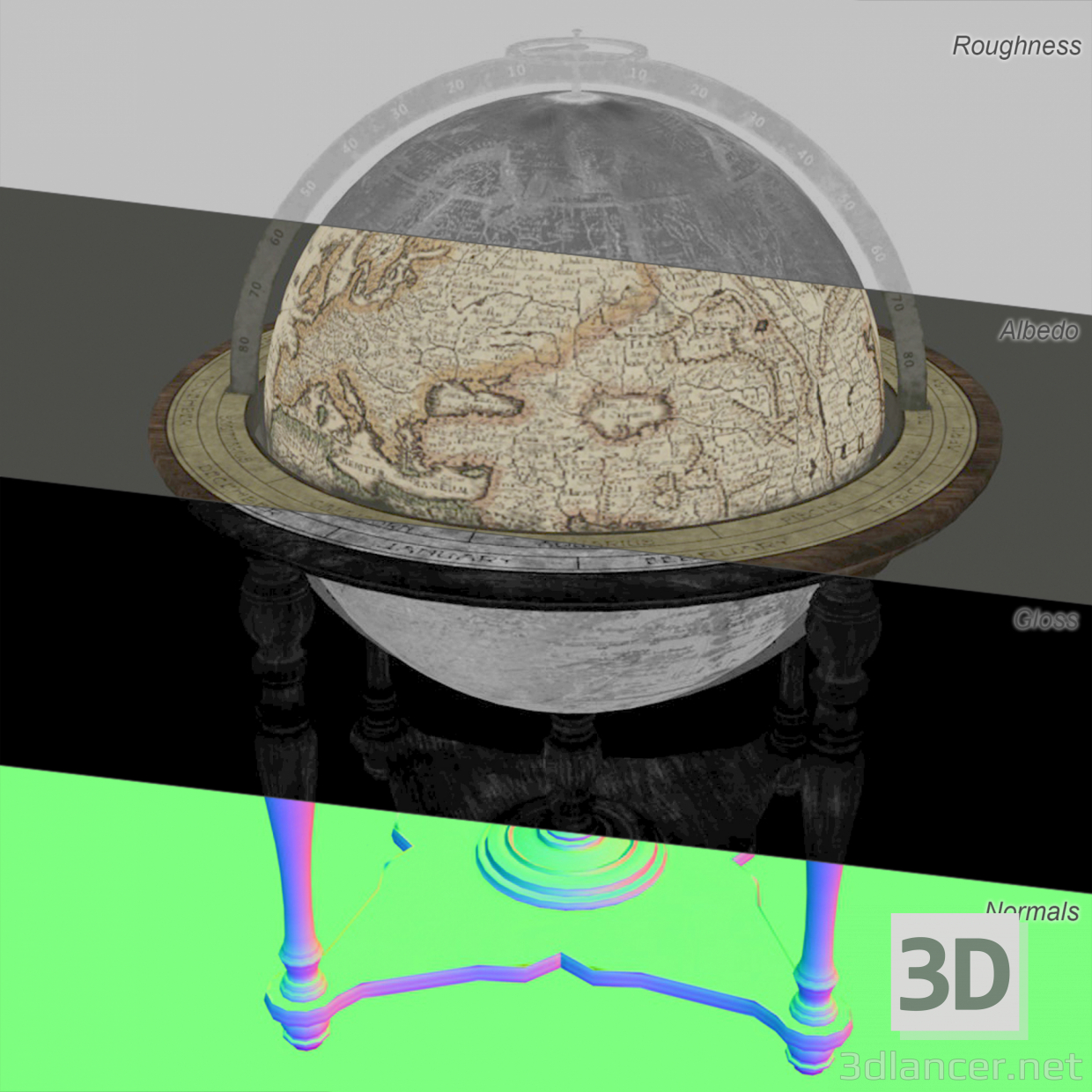 3d model Vintage world globe on wooden stand pbr Low-poly 3D model ...