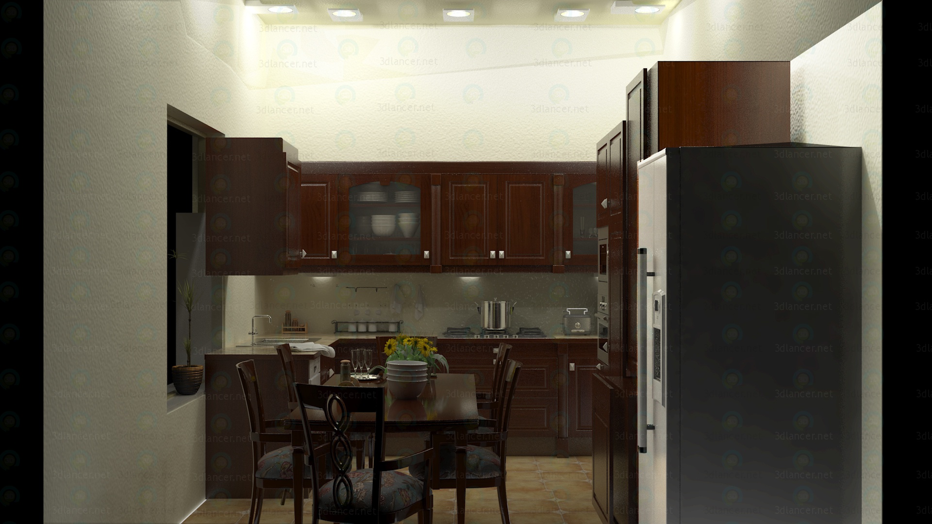 3d model Kichen Interior with complete furniture and dining table ...